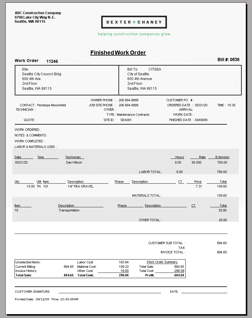 Finished Work Order Form - Sample Report | Trimble Help (beta)
