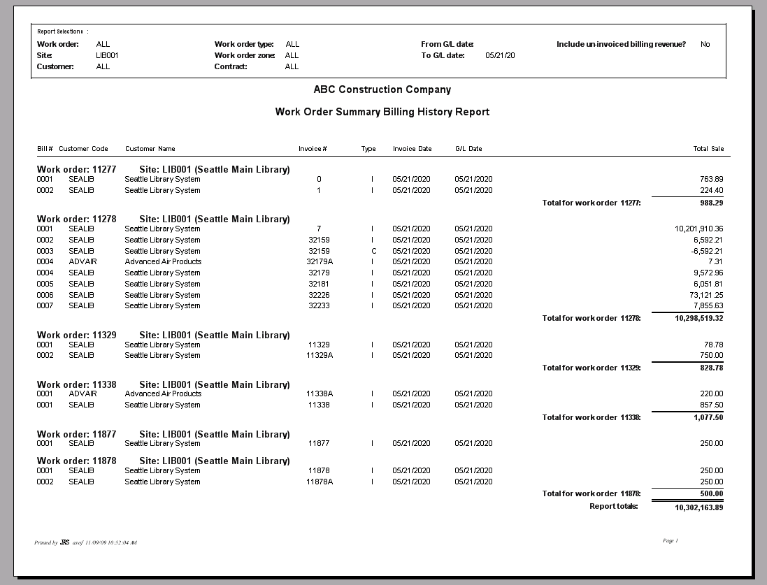 Work Order Billing History Report - Sample Report | Trimble Help (beta)