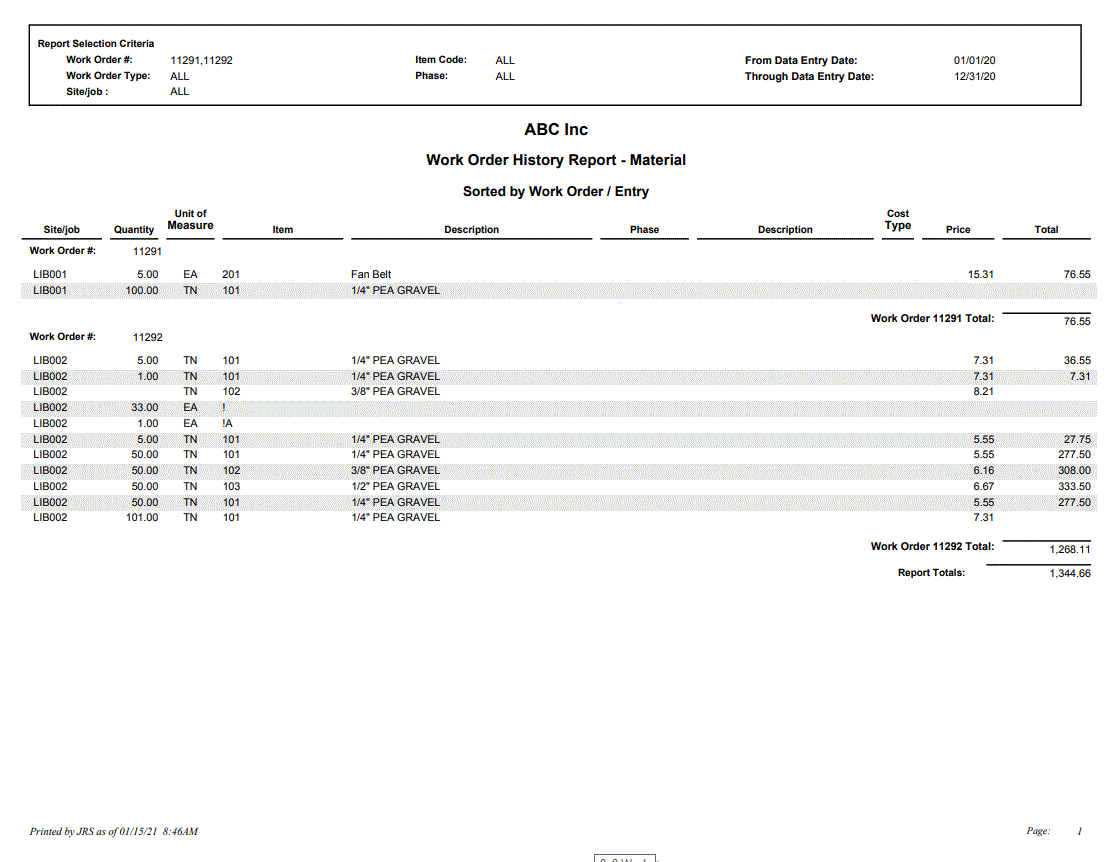 Work Order History Report - Material | Trimble Help (beta)