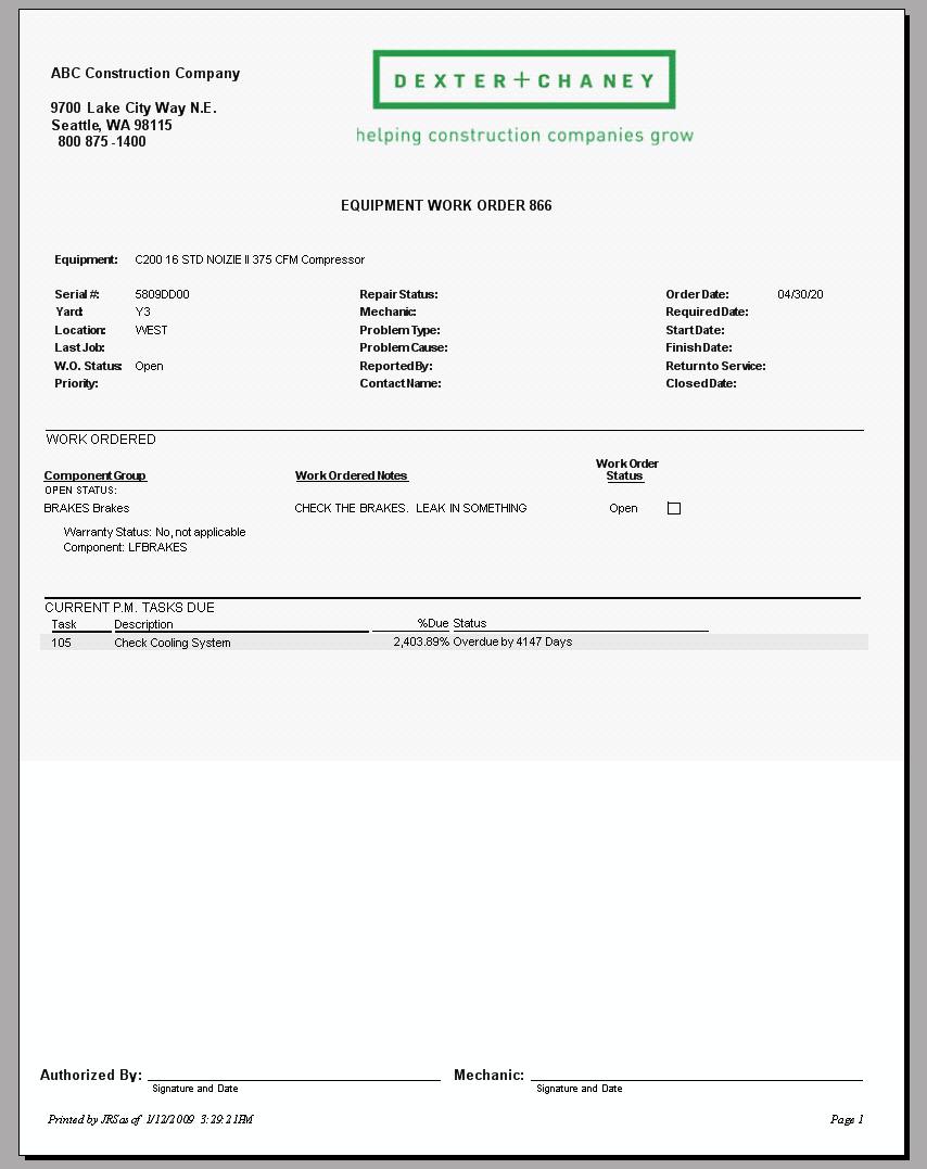 Equipment Work Order Form - Sample Report | Trimble Help (beta)